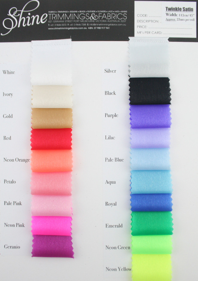 Twinkle Satin Sample Cards | Shine Trimmings & Fabrics