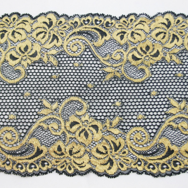 Stretch Lace Trimming Baroque Floral Scroll 59492 – Black/Gold – Shine ...