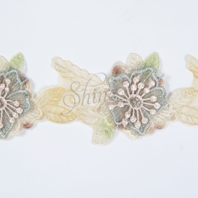 3D Embroidered Lace Flower Trim with Diamante Centre – Multi Coloured ...