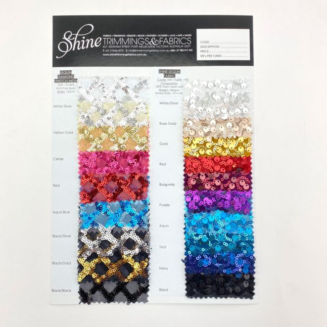 Sequin Diamond/Shine Sequin Sample Cards – Shine Trimmings & Fabrics