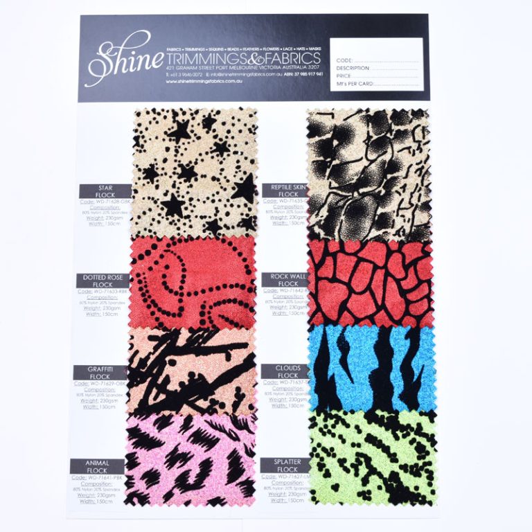 Flocked Spandex Design Sample Cards – Shine Trimmings & Fabrics