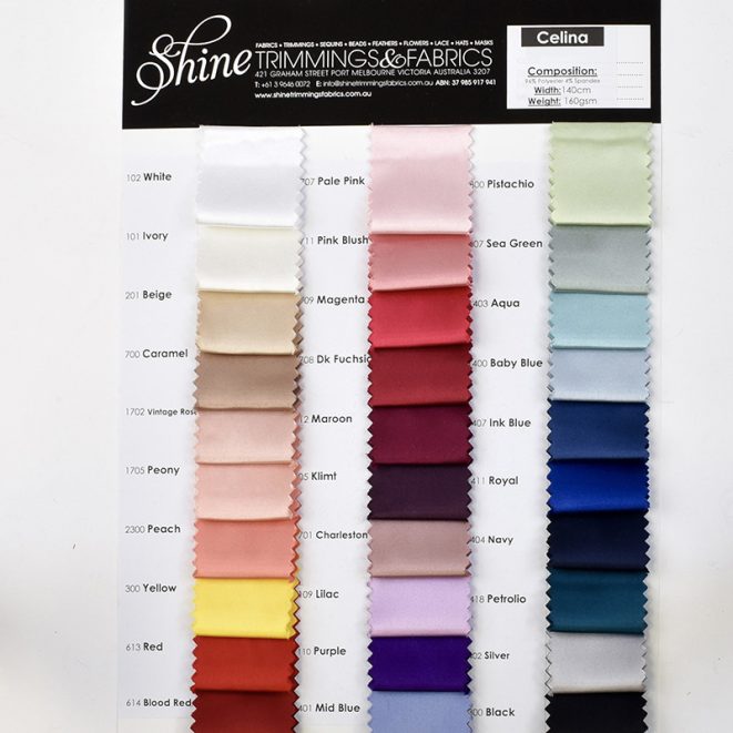 Celina Stretch Satin Sample Card | Shine Trimmings & Fabrics