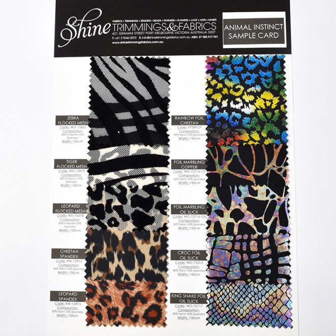 Animal Instinct Sample Card – Shine Trimmings & Fabrics